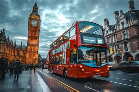 Red Double Decker Bus Driving On London Street With Big Ben In