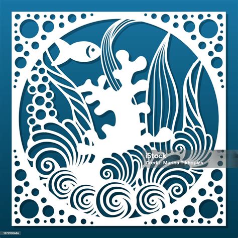 해저 세계 디자인의 레이저 컷 패널 벽 예술 코스터 개인 정보 보호 화면 장식을위한 Cnc 절단 스텐실 수중 바다 바다 잡초 산호초 조개 벡터 일러스트레이션 Cnc 장치에