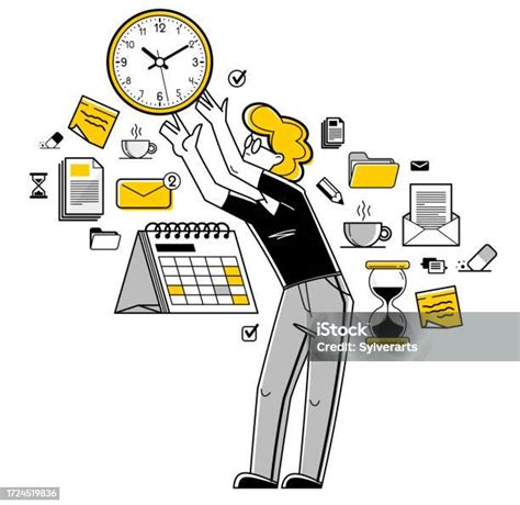 비즈니스 작업자는 작업을 계획하고 시간 관리 벡터 개요 그림 생산성 다중 작업 우선 순위 지정 마감일 및 제로 시간을 만듭니다 개념에 대한 스톡 벡터 아트 및 기타 이미지