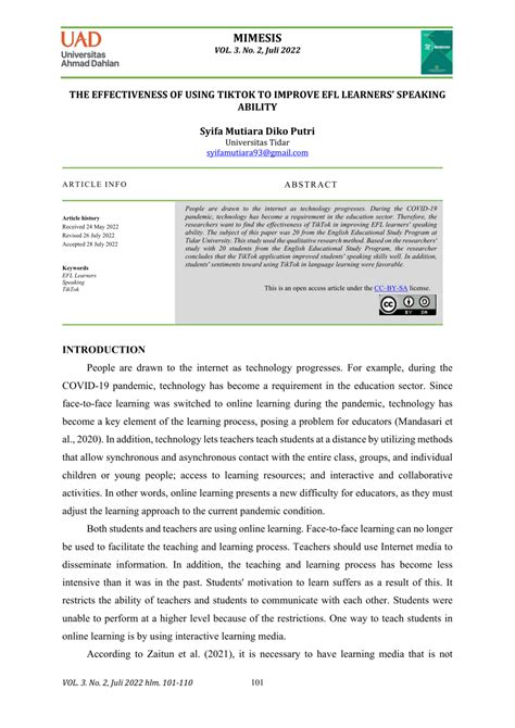 Pdf The Effectiveness Of Using Tiktok To Improve Efl Learners