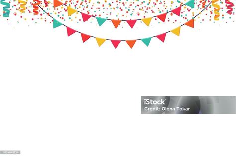 색깔 있는 깃발과 색종이 가로 깃발의 화환 카니발은 엔터테인먼트 행사를 장식합니다 흰색 배경에 평면 만화 스타일의 축제 벡터 배경 서커스 오락 행사에 대한 스톡 벡터 아트