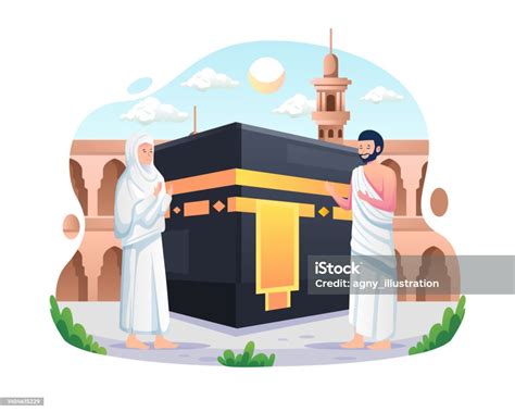 무슬림 부부가 이슬람 Hajj 순례를 수행합니다 남자와 여자 Hajj 캐릭터는 Kaaba 배경의 Ihram 옷을 입습니다 평면 스타일의 벡터 일러스트 레이 션 Stoning