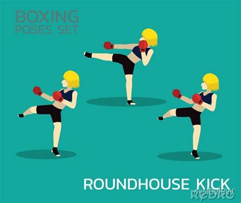 Roundhouse Kick Manga Boxing Poses Set Woman Cartoon Vector