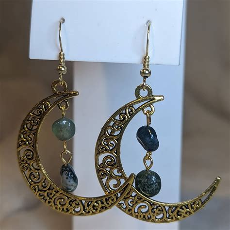 Large Gold Moon Dangle Earrings With Moss Agate Beads Moss Agate
