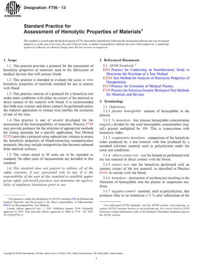 Astm F756 13 Standard Practice For Assessment Of Hemolytic Properties