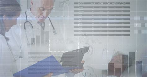 Image Of Infographic Interface Diverse Doctors Examining Female Patient And Discussing Reports