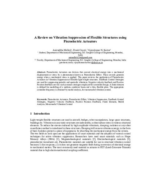 Pdf A Review On Vibration Suppression Of Flexible Structures Using Piezoelectric Actuators