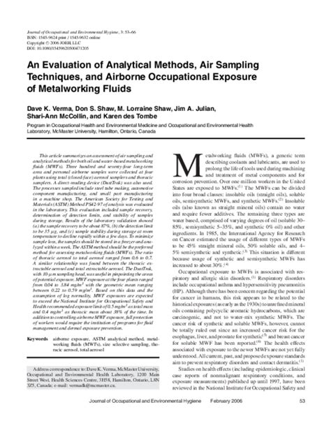 Pdf An Evaluation Of Analytical Methods Air Sampling Techniques And Airborne Occupational