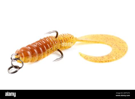 Yellow Silicone Grub Fishing Lure With Double Hook Isolated On White