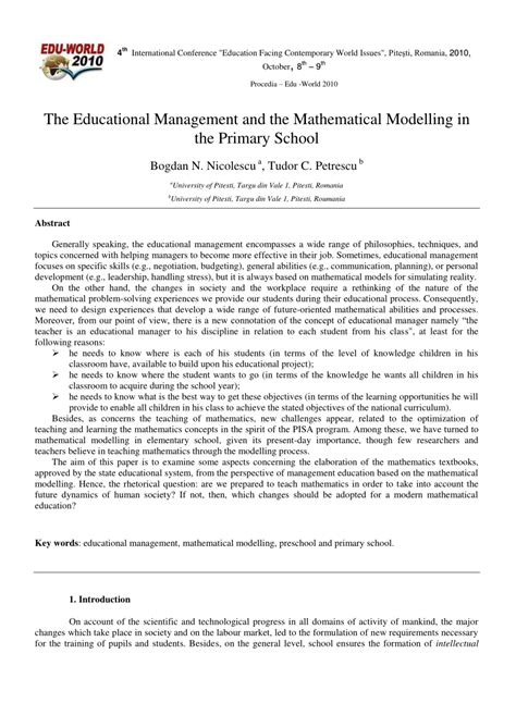 Pdf The Educational Management And The Mathematical Modelling In The Primary School