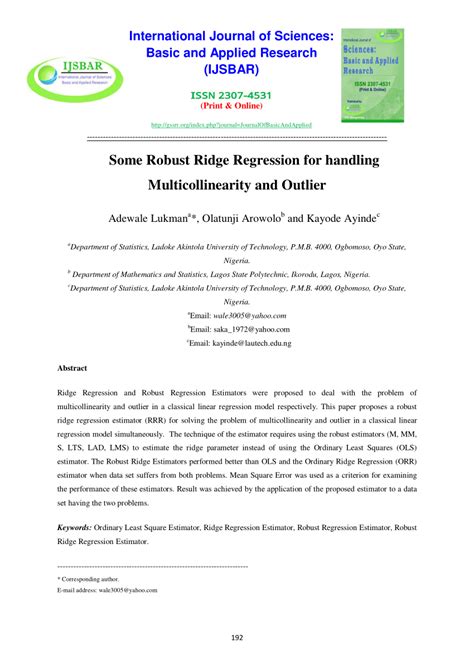 pdf some robust ridge regression for handling multicollinearity and