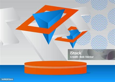 추상적인 주황색 파란색 흰색 실린더 받침대 연단 프레젠테이션을 위한 모형 무대 쇼케이스 최소한의 기하학적 제품 디스플레이 벡터 3d 미래 공상 과학 형태 빈 장면 0명에