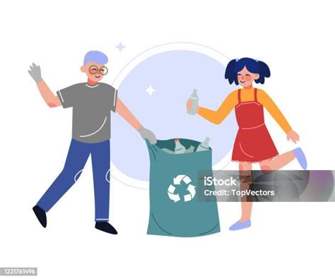 소년과 소녀 쓰레기 봉투에 플라스틱 쓰레기를 수집 아이들은 재활용 벡터 일러스트레이트를 위해 쓰레기를 따기 벡터에 대한 스톡 벡터 아트 및 기타 이미지 Istock