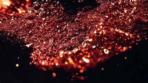 Dynamic Drops Of Red Glitter In Black Oil Or Ink Diffusing Through
