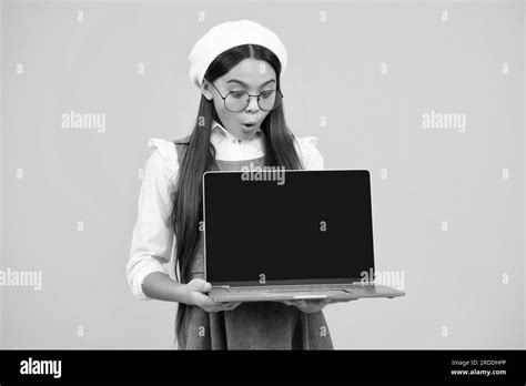 Babe Teenager Babegirl With Laptop On Isolated Background Online Webinar Elearning Lesson