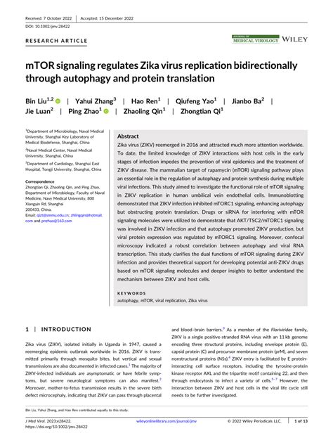 Pdf Mtor Signaling Regulates Zika Virus Replication Bidirectionally Through Autophagy And