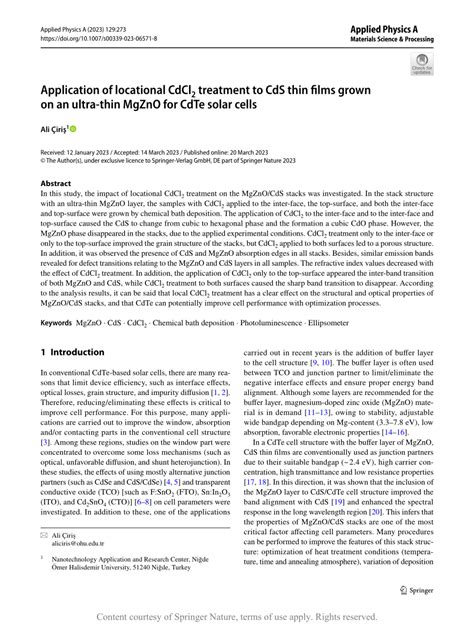 Application Of Locational Cdcl2 Treatment To Cds Thin Films Grown On An Ultra Thin Mgzno For
