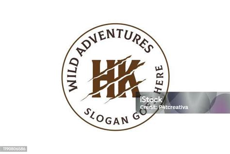 스크래치 효과와 원형 씰 브라운 Hk 문자 템플릿 로고 디자인 갈고리 발톱에 대한 스톡 벡터 아트 및 기타 이미지 갈고리