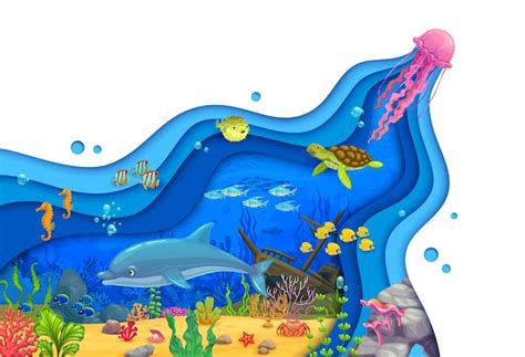Dibujos Animados Bajo El Agua Mar Papel Cortado Paisaje 3d Vector Premium