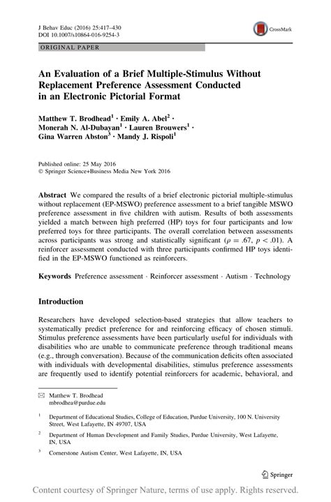 An Evaluation Of A Brief Multiple Stimulus Without Replacement Preference Assessment Conducted