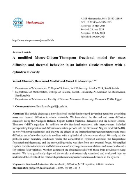 Pdf A Modified Moore Gibson Thompson Fractional Model For Mass Diffusion And Thermal Behavior