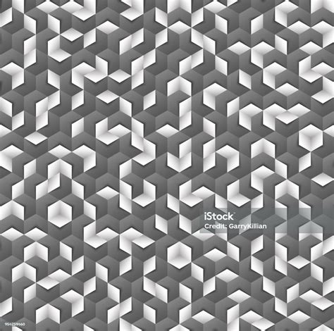 회색조 육각 원활한 벡터 패턴입니다 체적 육각형 요소 무작위로 배치 현대 추상 기하학적 배경입니다 흑인과 백인 그림자 형태 추상 텍스처 타일 0명에 대한 스톡 벡터 아트 및