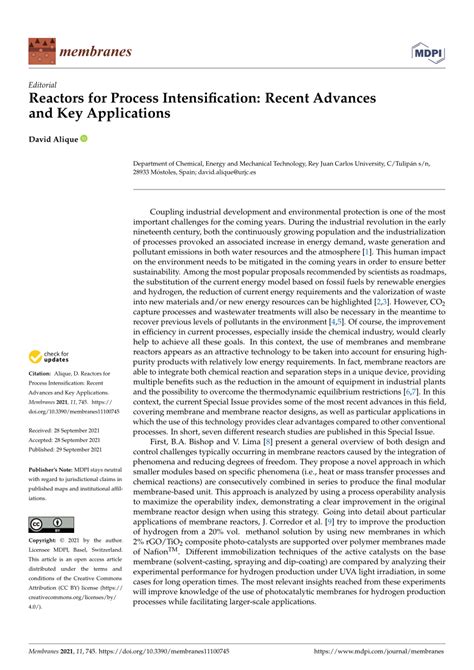 Pdf Reactors For Process Intensification Recent Advances And Key