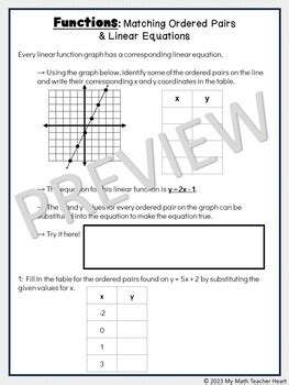 Functions Matching Ordered Pairs Linear Equations Notes TPT