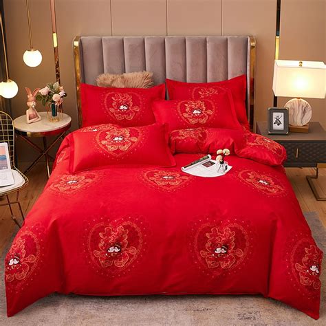 침구 세트 침대 린넨 2 침실 빨간 침대 시트 이불 커버 더블 베개 케이스 킹 퀸 사이즈 두꺼운 북유럽 침대보 4 개 Aliexpress
