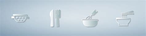 주방 소쿠리 교차 나이프 포크 그릇과 아시아 국수를 곁들인 요리 거품기를 설정하십시오 종이 아트 스타일 벡터 3차원 형태에 대한 스톡 벡터 아트 및 기타 이미지 Istock