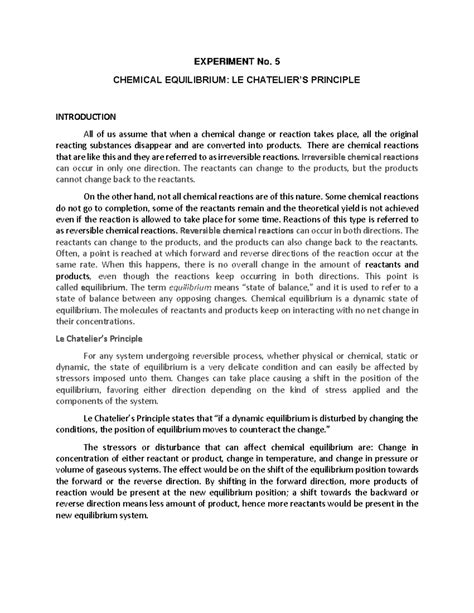 Chemical Equilibrium Experiment No 5 Le Chateliers Principle