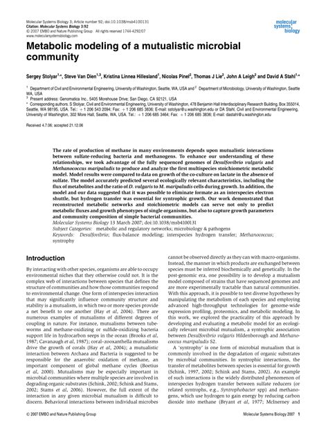 Pdf Metabolic Modeling Of A Mutualistic Microbial Community