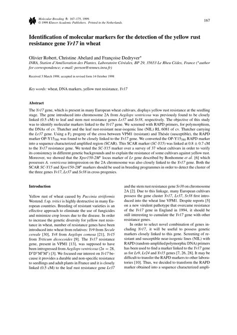Pdf Identification Of Molecular Markers For The Detection Of The