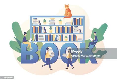 온라인으로 도서관을 예약하세요 책을 읽는 작은 사람들 큰 텍스트 책 문학 팬 전자 책 미디어 라이브러리 온라인 학습 현대 플랫 만화 스타일 흰색 배경의 벡터 그림 가정