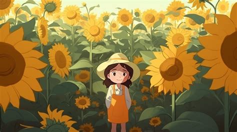 花丛少女向日葵女孩精致插画图片 包图网