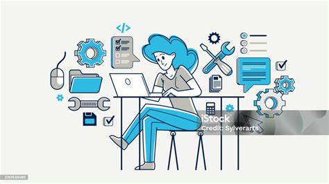 Technician Computer Engineer Woman Repairing Pc Vector Outline Illustration Fixing System Work