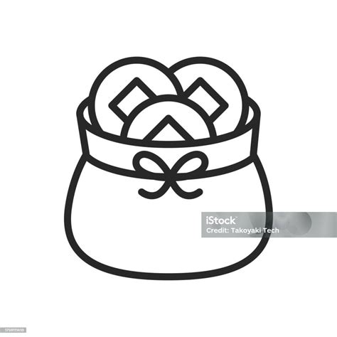 중국 동전 아이콘으로 자루 벡터 선형 그림 의 축제 선물 자루 묶인 와 A Ribbon Bow 중국 설날 축하 생일 및 휴일 상징 특별한 음력 년 선물 가방 기호입니다