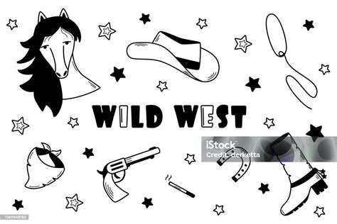 벡터 일러스트의 와일드 웨스트 세트 낙서의 카우보이 서부 요소 말 머리 말굽 권총 올가미 부츠와 모자 미 술집에 대한 스톡 벡터 아트 및 기타 이미지 Istock