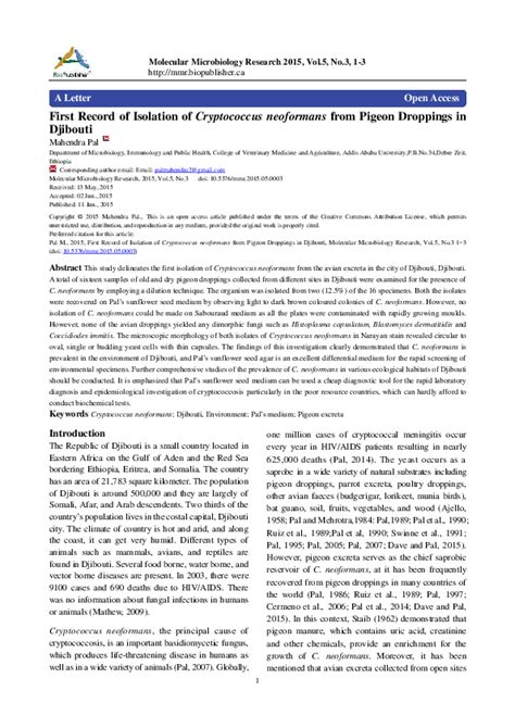 Pdf First Record Of Isolation Of Cryptococcus Neoformans From Pigeon