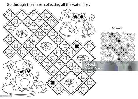 미로 또는 미로 게임 수수께끼 색칠 공부 페이지 만화 작은 개구리의 개요 아이들을위한 색칠 공부 책 0명에 대한 스톡 벡터 아트