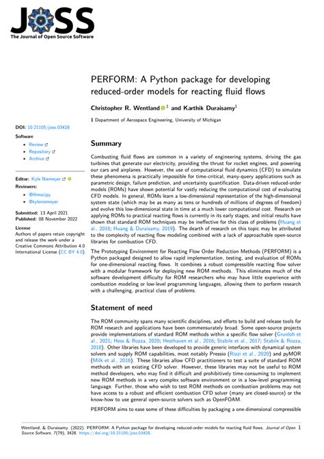 PDF PERFORM A Python Package For Developing Reduced Order Models For Reacting Fluid Flows