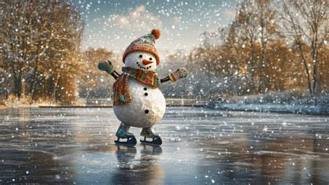 Snowman Ice Skating On Winter Lake Generative Ai Stock Illustration