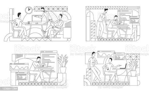 협업 프로젝트에 종사하는 직원들은 얇은 선 벡터 일러스트레이션 세트를 설정합니다 웹 개발자 비즈니스 분석가가 흰색 배경에 있는 문자를 간략하게 설명합니다 기업 근로자 스타일