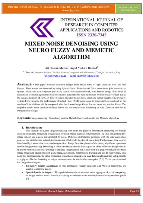 Mixed Noise Denoising Using Neuro Fuzzy And Memetic Algorithm