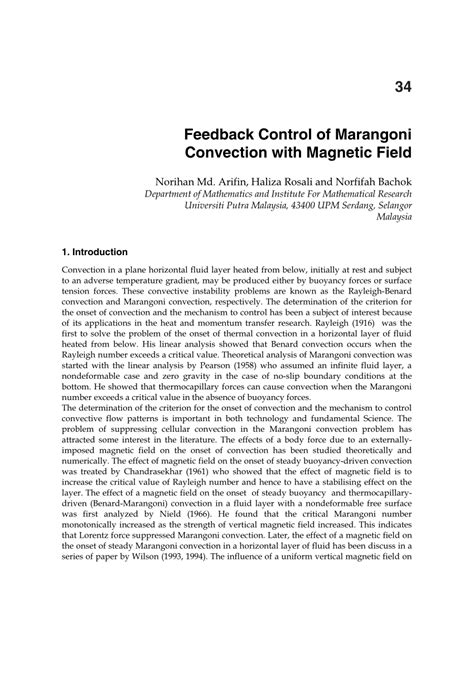 Pdf Feedback Control Of Marangoni Convection With Magnetic Field