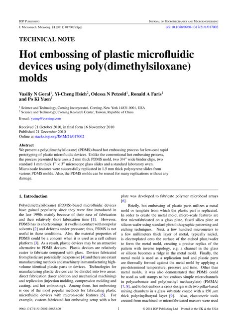 Pdf Hot Embossing Of Plastic Microfluidic Devices Using Poly Dimethylsiloxane Molds