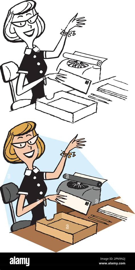 A Vintage Retro Cartoon Of A Secretary Working At Her Office Desk Stock