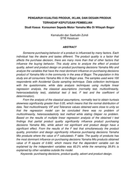 Pdf Pengaruh Kualitas Produk Iklan Dan Desain Produk Terhadap Keputusan Pembelian