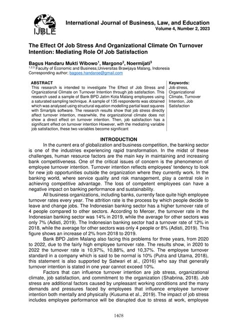 Pdf The Effect Of Job Stress And Organizational Climate On Turnover Intention Mediating Role