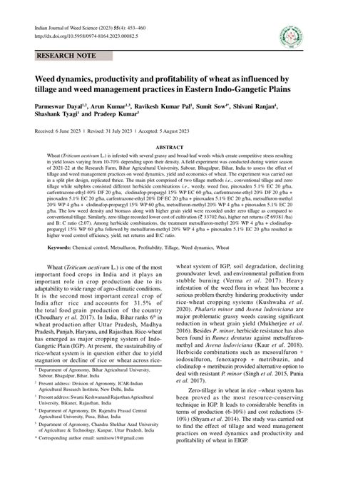 Pdf Weed Dynamics Productivity And Profitability Of Wheat As Influenced By Tillage And Weed